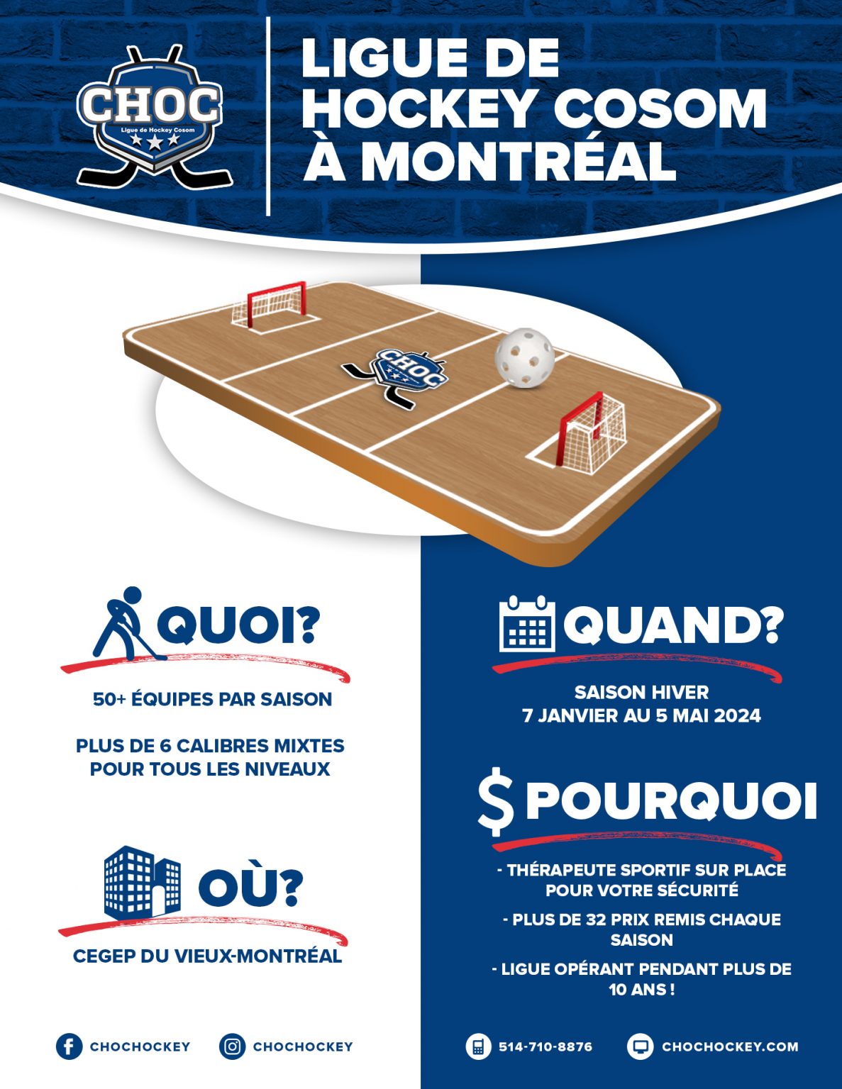 Dernière semaine d'inscriptions Hiver 2024 - choc - ligue de hockey Cosom